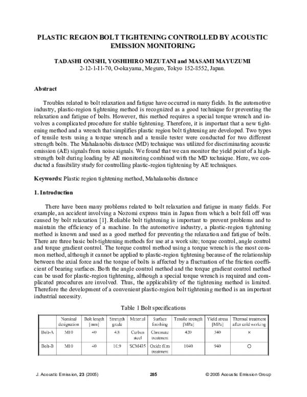 (PDF) Plastic region bolt tightening controlled by acoustic emission ...