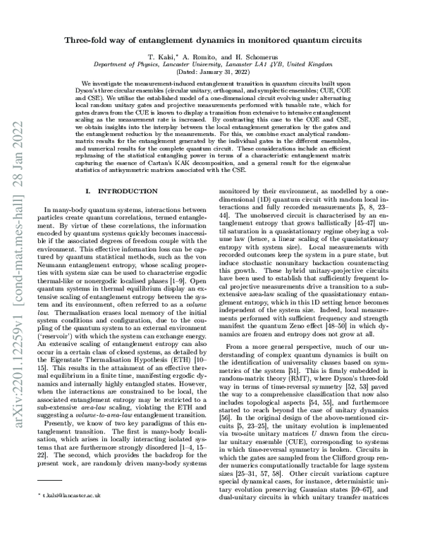 (PDF) Three-fold way of entanglement dynamics in monitored quantum circuits