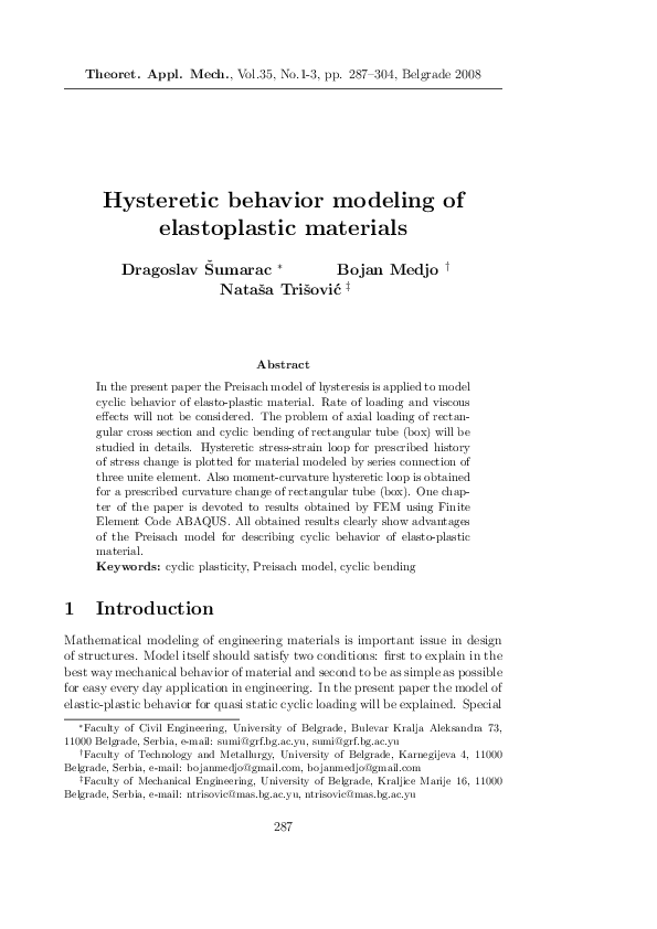 (PDF) Hysteretic behavior modeling of elastoplastic materials