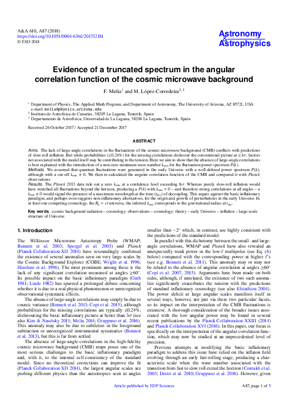 (PDF) Evidence of a truncated spectrum in the angular correlation function of the cosmic ...