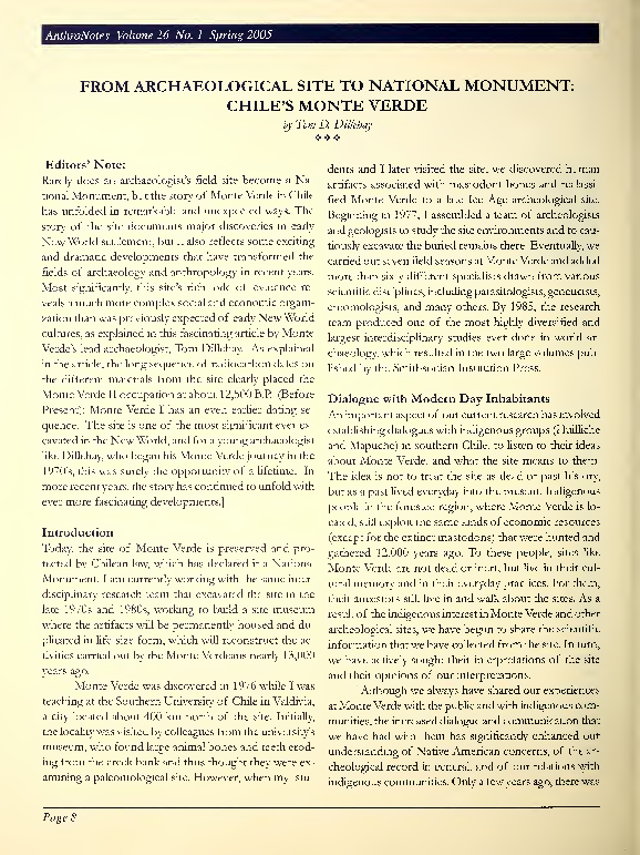 (PDF) From Archaeological Site to National Monument: Chile's Monte Verde