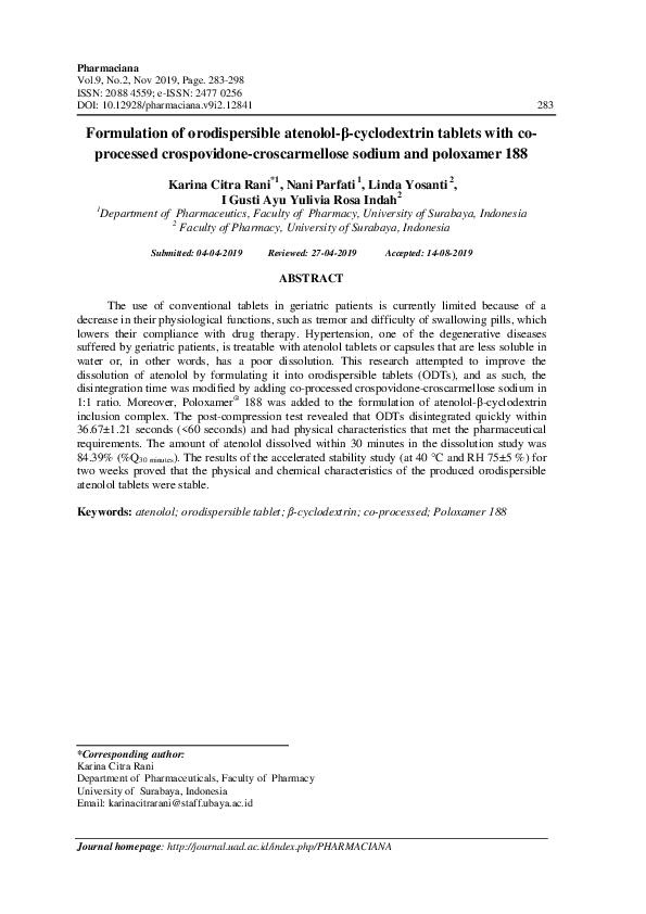 Pdf Formulation Of Orodispersible Atenolol β Cyclodextrin Tablets With Co Processed