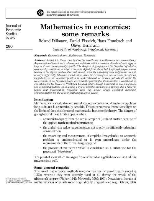 (PDF) Mathematics in economics: some remarks