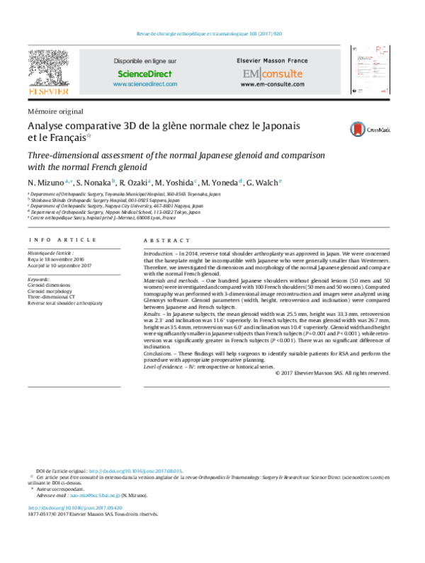 (PDF) Analyse comparative 3D de la glène normale chez le Japonais et le ...