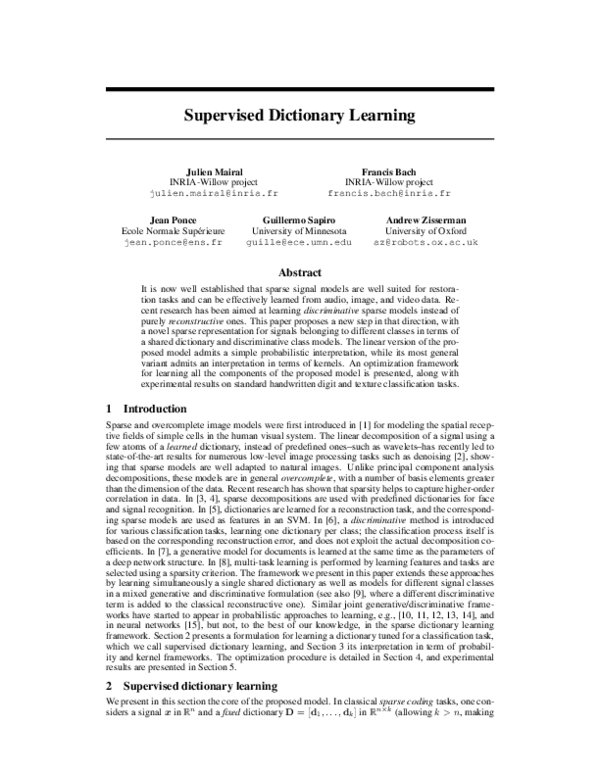 (PDF) Supervised dictionary learning
