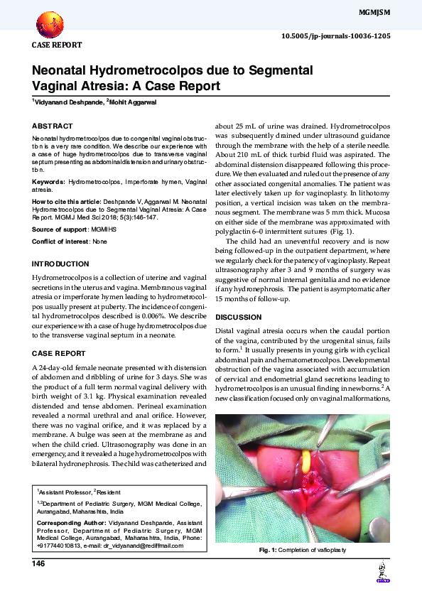(PDF) Neonatal Hydrometrocolpos due to Segmental Vaginal Atresia: A ...