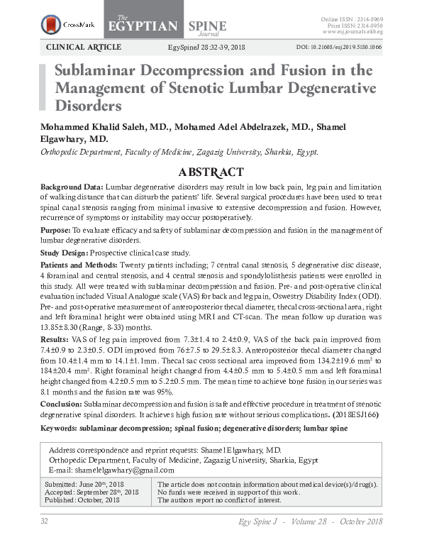 (PDF) Sublaminar Decompression and Fusion in the Management of Stenotic ...
