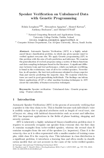 (PDF) Speaker Verification on Unbalanced Data with Genetic Programming