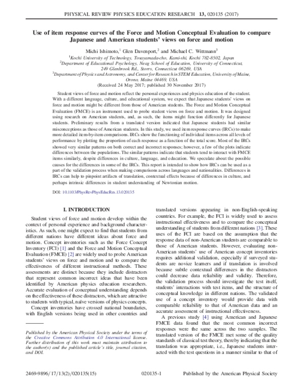 (PDF) Use of item response curves of the Force and Motion Conceptual Evaluation to compare ...