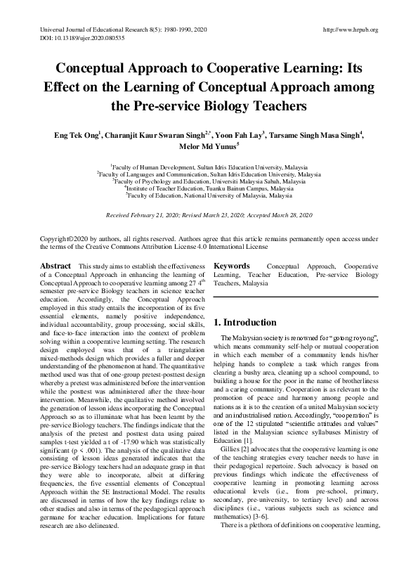 (PDF) Conceptual Approach to Cooperative Learning: Its Effect on the ...