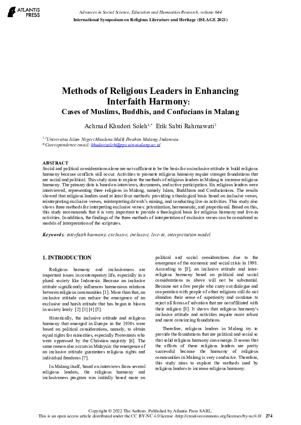 (PDF) Methods of Religious Leaders in Enhancing Interfaith Harmony