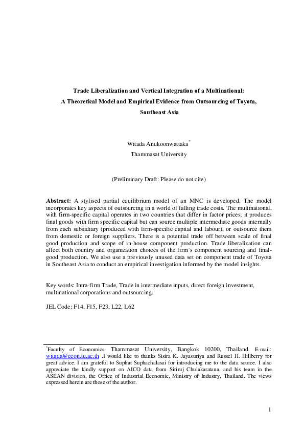 (PDF) Trade Liberalization and Vertical Integration of a Multinational ...