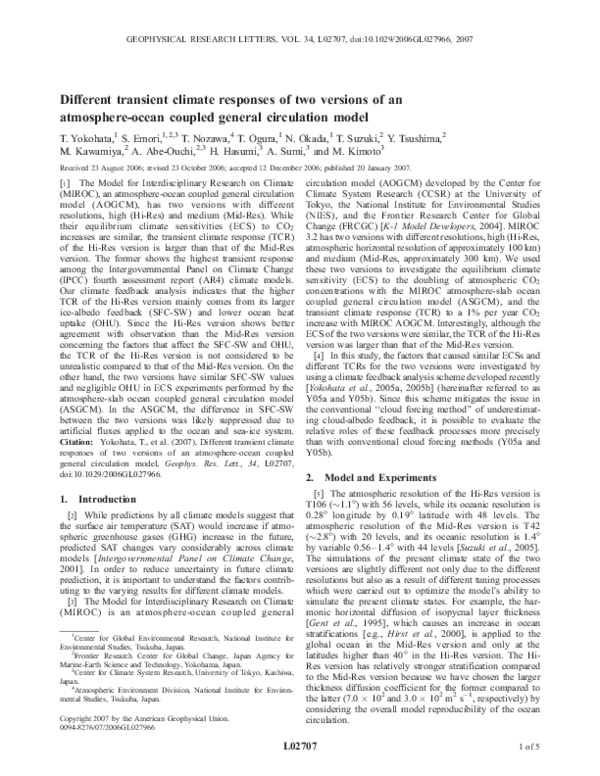 (PDF) Different transient climate responses of two versions of an ...