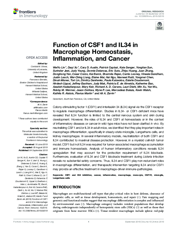 (PDF) Function of CSF1 and IL34 in Macrophage Homeostasis, Inflammation ...