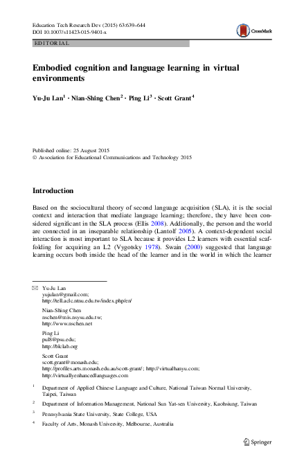 (PDF) Embodied cognition and language learning in virtual environments