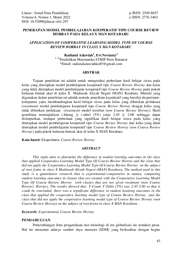(PDF) Penerapan Model Pembelajaran Kooperatif Tipe Course Review Horray pada Kelas X MAN Kotabaru