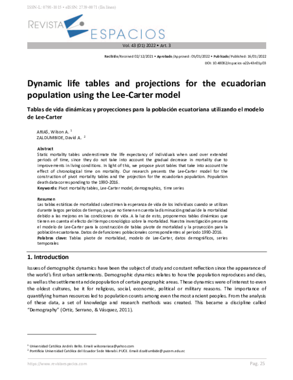 (PDF) Dynamic life tables and projections for the ecuatorian population ...
