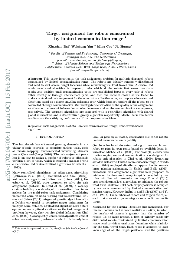 (PDF) Target assignment for robots constrained by limited communication ...