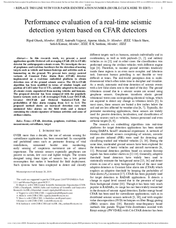 (PDF) Performance evaluation of a real-time seismic detection system based on CFAR detectors