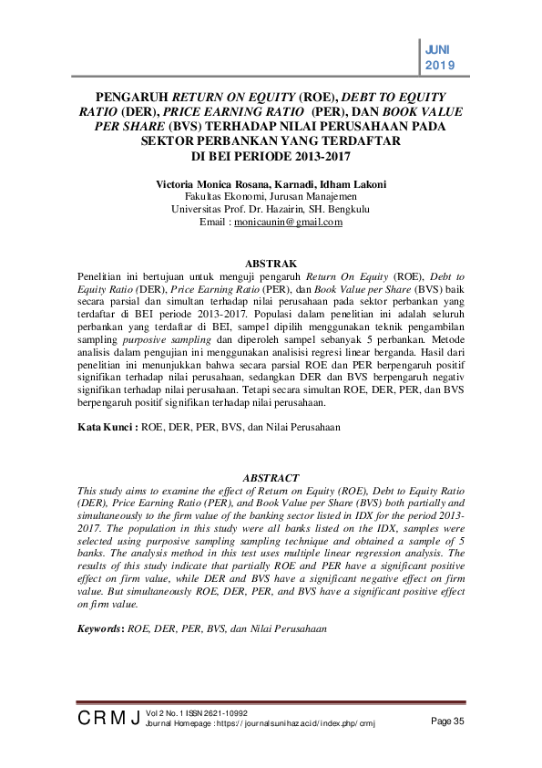 (PDF) Pengaruh Return on Equity (Roe), Debt to Equity Ratio (Der ...