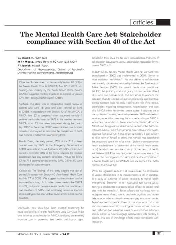 (PDF) The Mental Health Care Act: Stakeholder compliance with respect ...