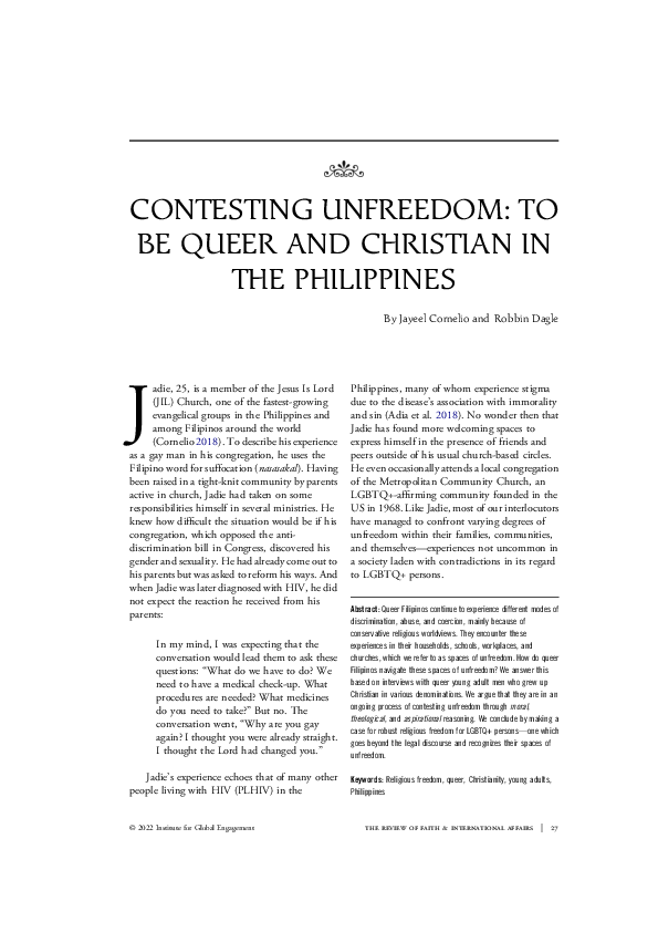 (PDF) Contesting unfreedom: To be queer and Christian in the Philippines