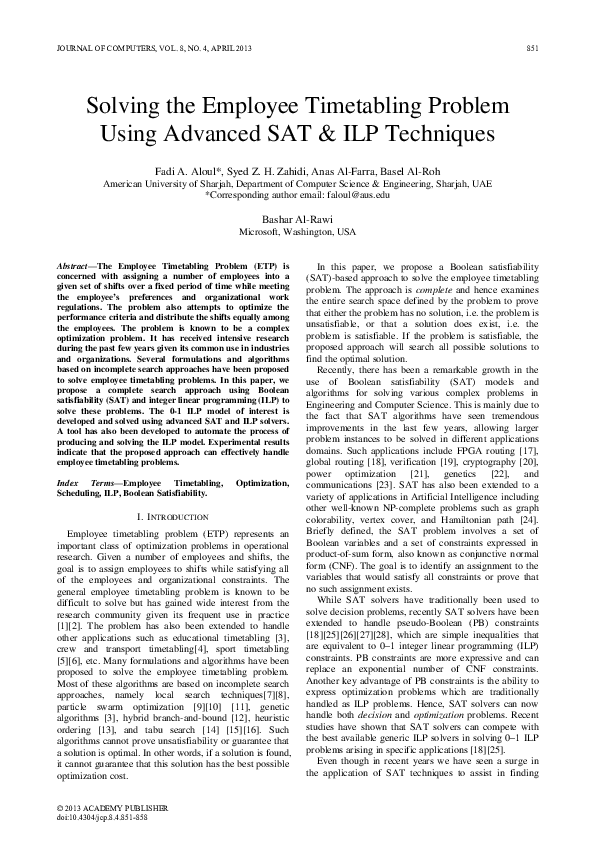 Pdf Solving The Employee Timetabling Problem Using Advanced Sat And Ilp