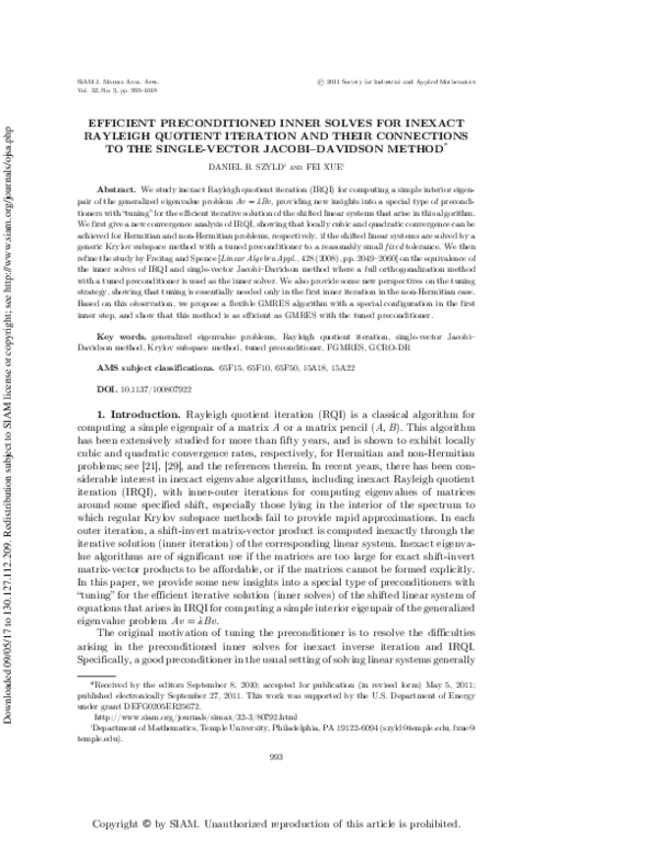Pdf Efficient Preconditioned Inner Solves For Inexact Rayleigh Quotient Iteration And Their