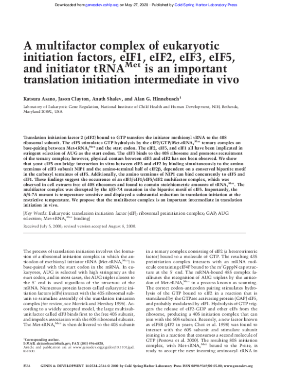 (PDF) A multifactor complex of eukaryotic initiation factors, eIF1 ...