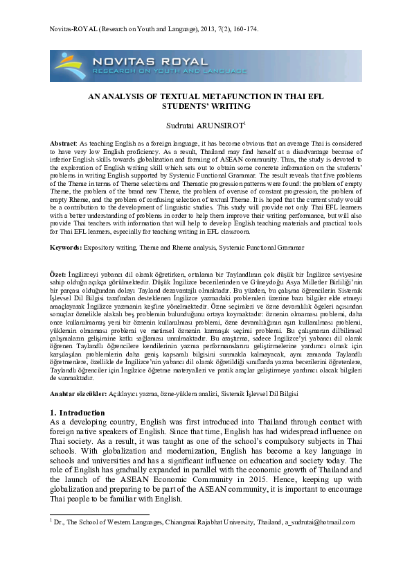 (PDF) An Analysis of Textual Metafunction in Thai Efl Students' Writing