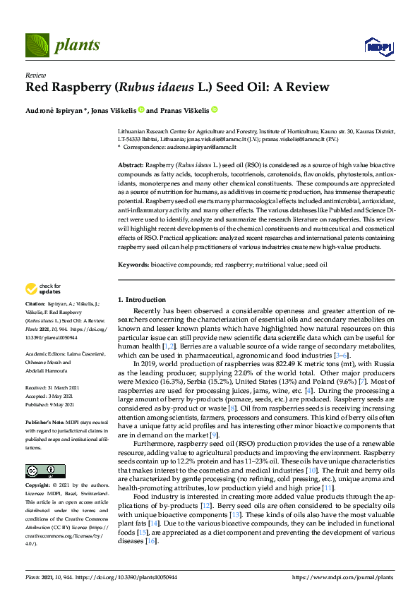(PDF) Red Raspberry (Rubus idaeus L.) Seed Oil: A Review