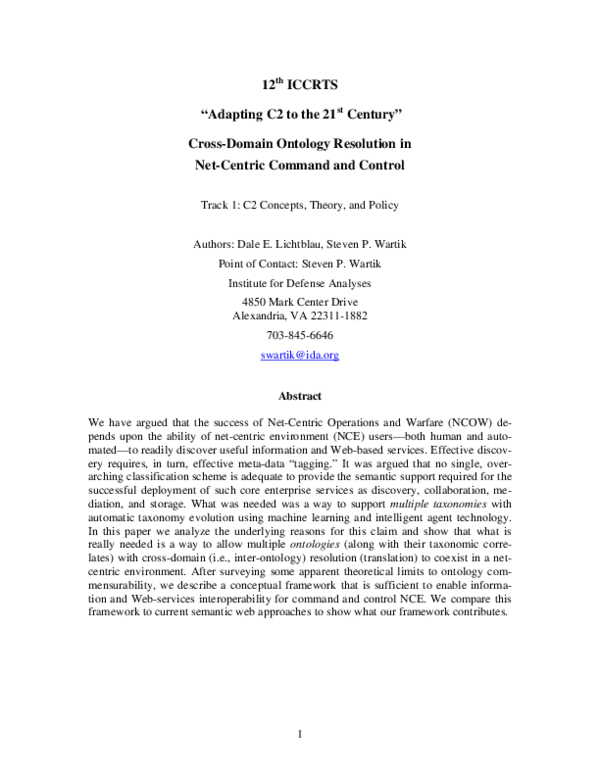 (PDF) 1 Cross-Domain Ontology Resolution in Net-Centric Command and Control