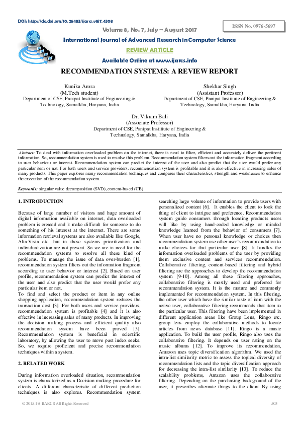 (PDF) Recommendation Systems: A Review Report