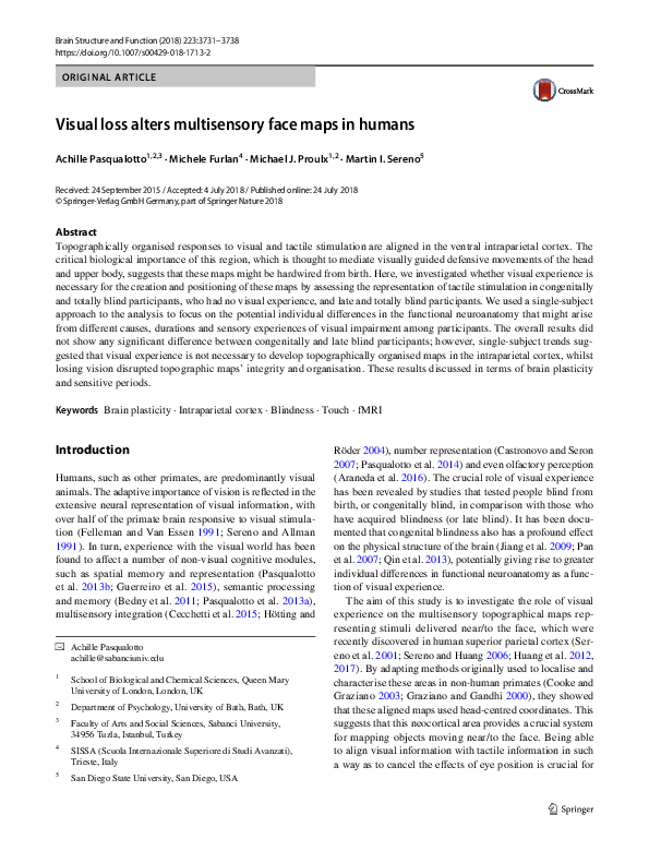 (PDF) Visual loss alters multisensory face maps in humans