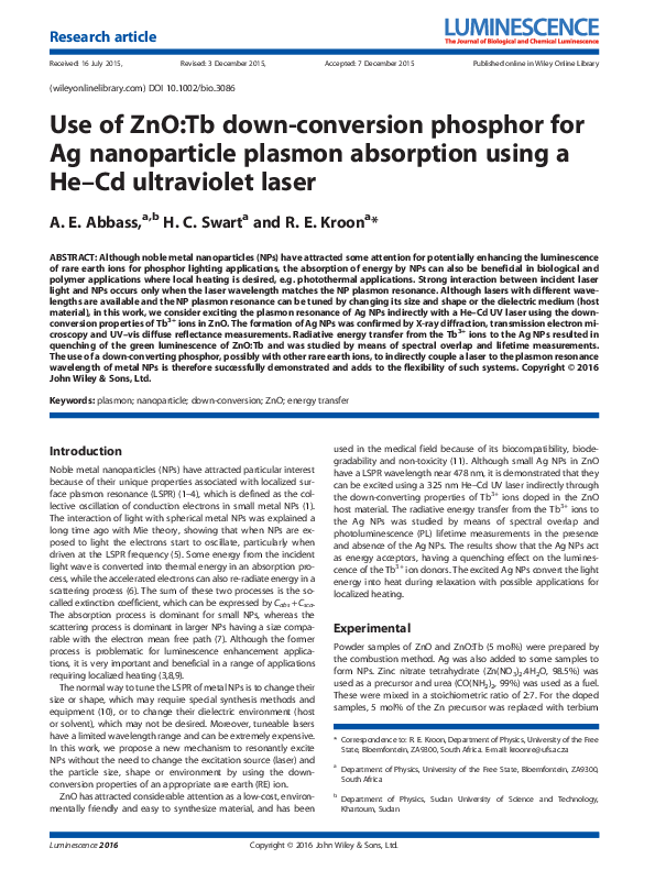 (PDF) Use of ZnO:Tb down-conversion phosphor for Ag nanoparticle ...