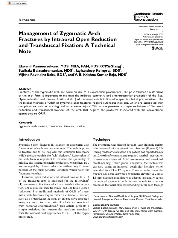 (PDF) Management of Zygomatic Arch Fractures by Intraoral Open ...