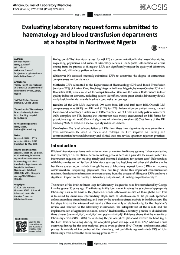 (PDF) Evaluating laboratory request forms submitted to haematology and ...