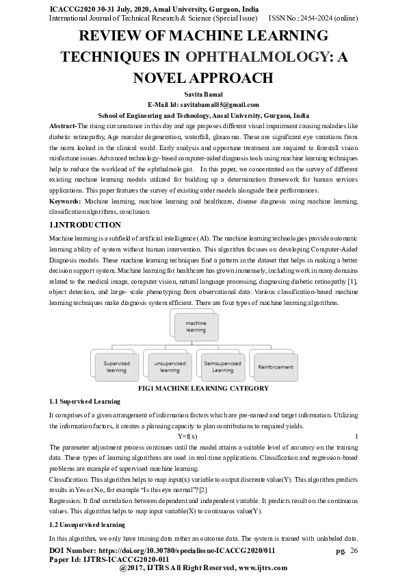 (PDF) Review of Machine Learning Techniques in Ophthalmology: A Novel ...