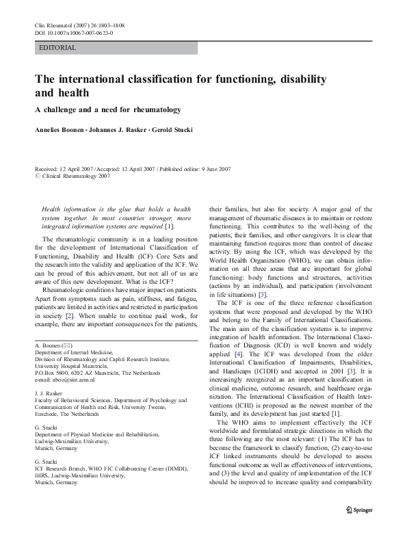 (PDF) The international classification for functioning, disability and ...