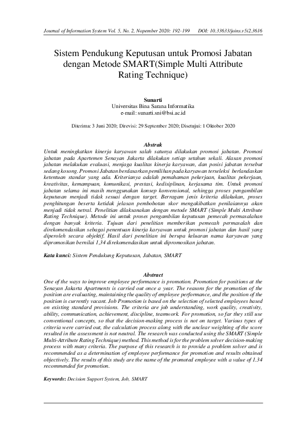 (PDF) Sistem Pendukung Keputusan Untuk Promosi Jabatan Menggunakan Metode SMART (Simple Multi ...