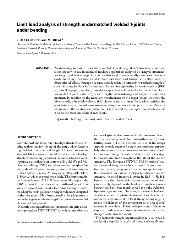 (PDF) Limit load analysis of strength undermatched welded T-joints ...