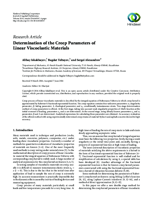 Pdf Determination Of The Creep Parameters Of Linear Viscoelastic