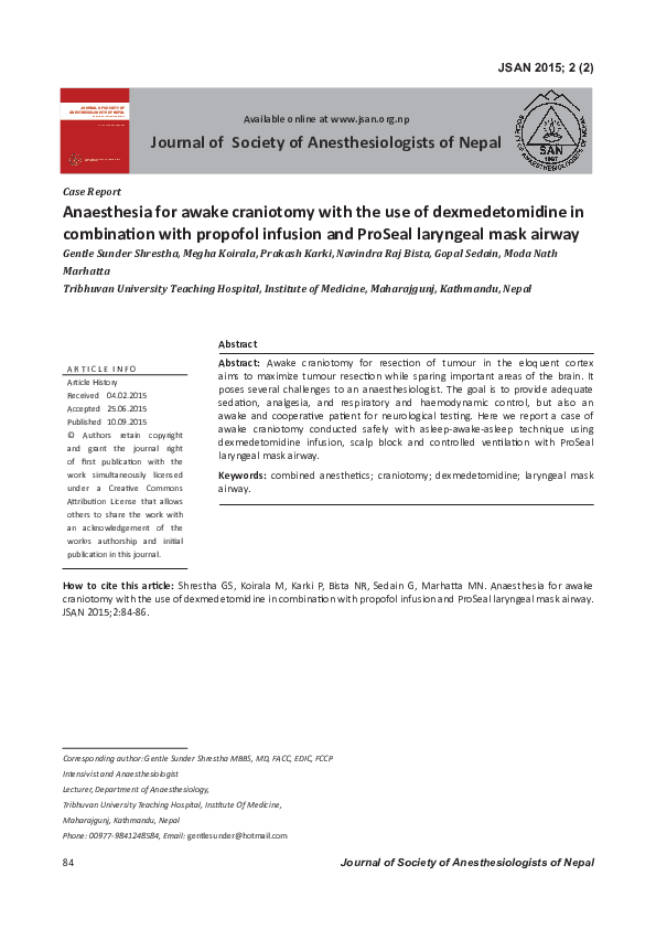 (PDF) Anaesthesia for awake craniotomy with the use of dexmedetomidine in combination with ...