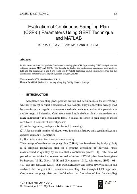 Pdf Evaluation Of Continuous Sampling Plan Csp 5 Parameters Using