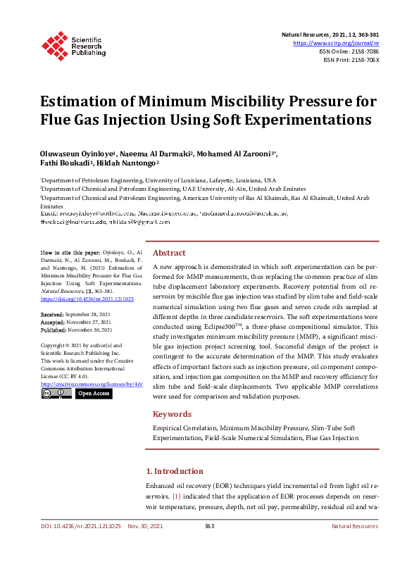 (PDF) Estimation of Minimum Miscibility Pressure for Flue Gas Injection Using Soft Experimentations
