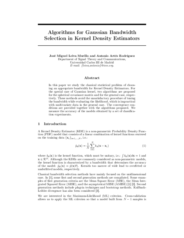 (PDF) Algorithms for gaussian bandwidth selection in kernel density estimators | jose luis ...