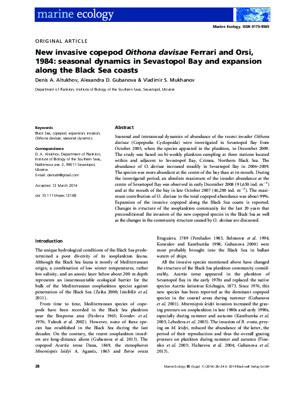 (PDF) New invasive copepod Oithona davisae Ferrari and Orsi, 1984 ...