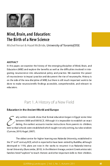 (PDF) Mind, Brain, and Education: The Birth of a New Science