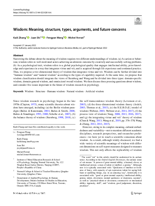 (PDF) Wisdom: Meaning, structure, types, arguments, and future concerns