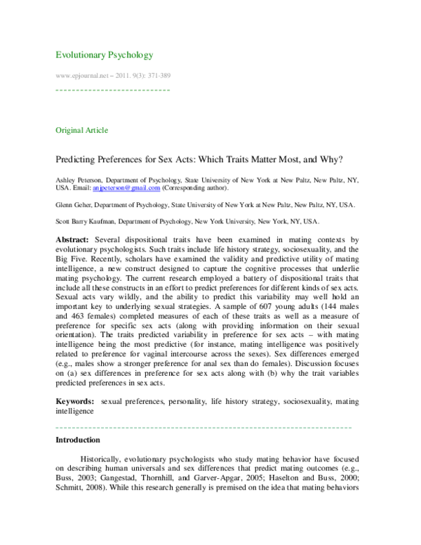 Pdf Predicting Preferences For Sex Acts Which Traits Matter Most